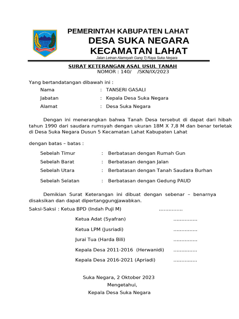 Surat Keterangan Asal Usul Tanah Lahat | PDF