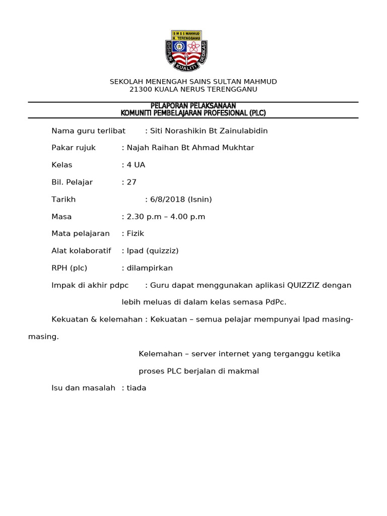 CONTOH PELAPORAN PLC | PDF