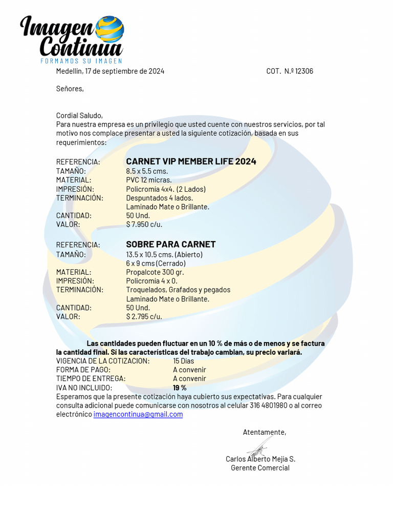 Cotización Carnet VIP Member Life 2024 | PDF