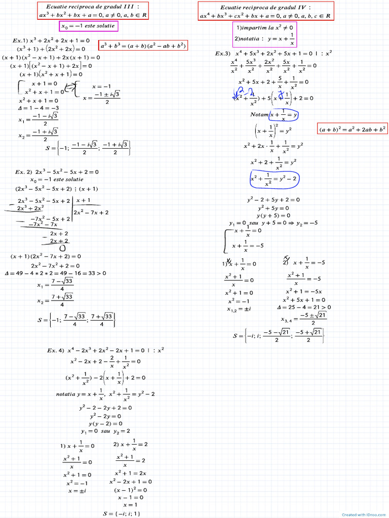 Grupa 214 Ecuații Reciproce de Gradul III, IV in Multimea C | PDF