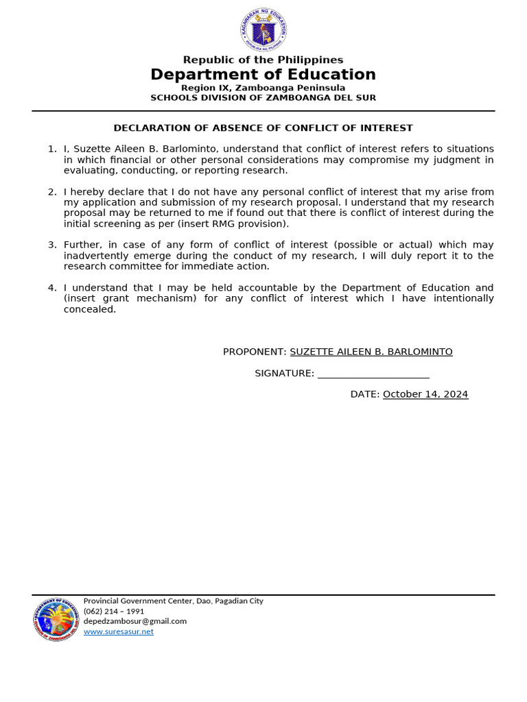 Declaration of Absence of Conflict of Interest | PDF