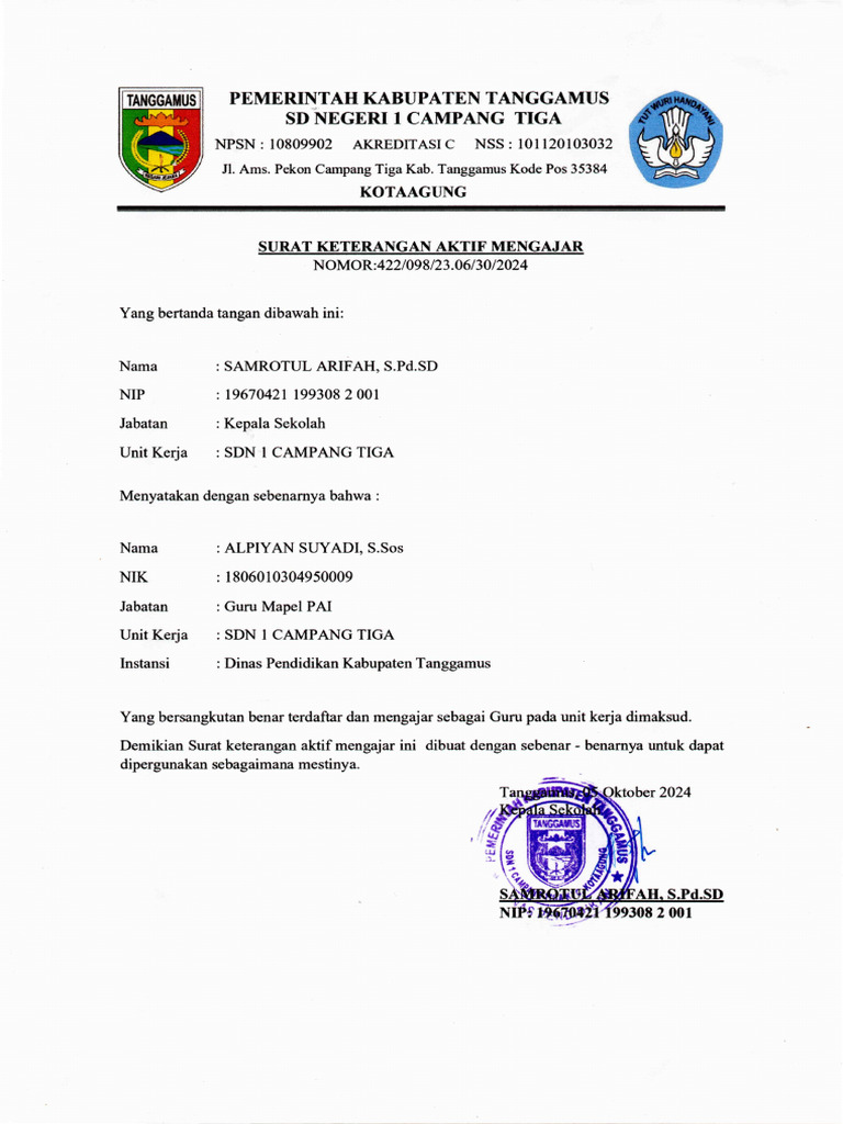 Surat Keterangan Aktif Mengajar Aliyan | PDF