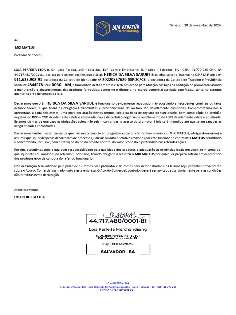Carta Apresentação1 - Mix Mateus | PDF