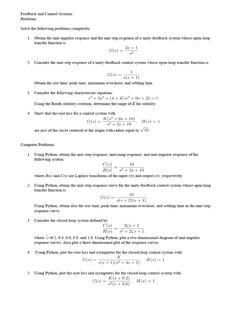 Feedback and Control Systems Problems | PDF