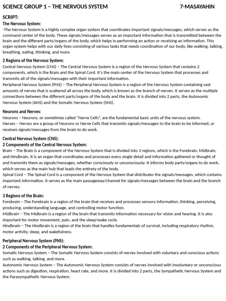 Science Script | PDF | Central Nervous System | Nervous System