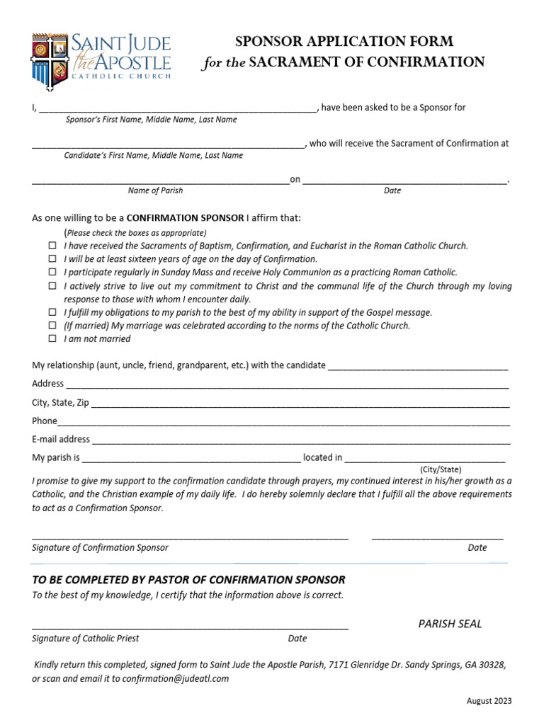 Confirmation Sponsor Application Form | PDF | Confirmation | Sacraments