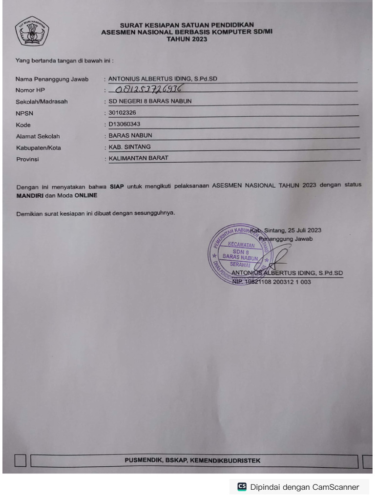 Surat kesiapan SDN 08 Baras Nabun untuk ANBK 2023 | PDF