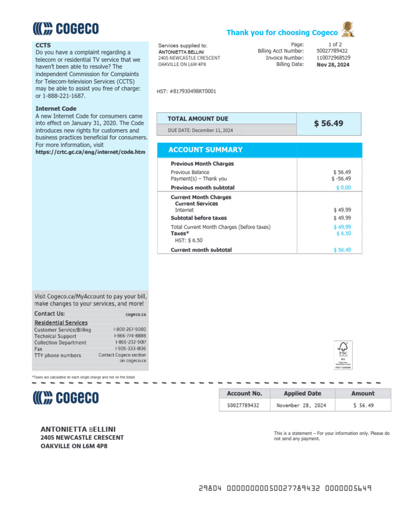 Your Cogeco Statement - 788457053-Wifi-Bill-2 | PDF | Payments