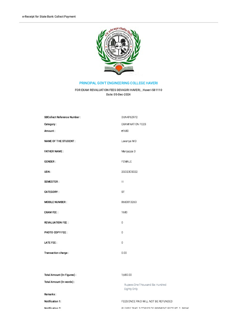 SB Collect Admission Fees 3rd Sem | PDF | Payments | Services (Economics)