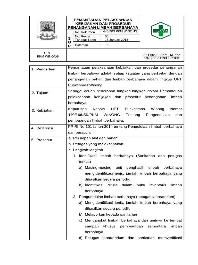 8.5.2.4 Sop Pemantauan Pelaksanaan Kebijakan Dan Prosedur Penanganan Limbah Berbahaya | PDF