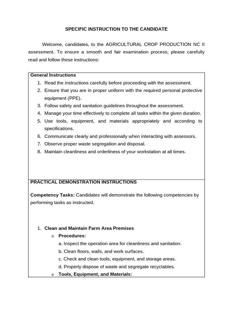 Candidate Instructions for NC II Exam | PDF