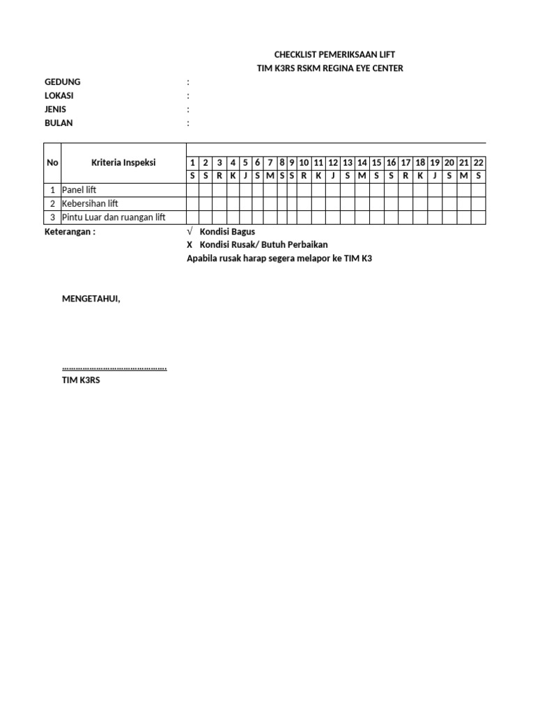 Form Checklist pemantauan Lift | PDF