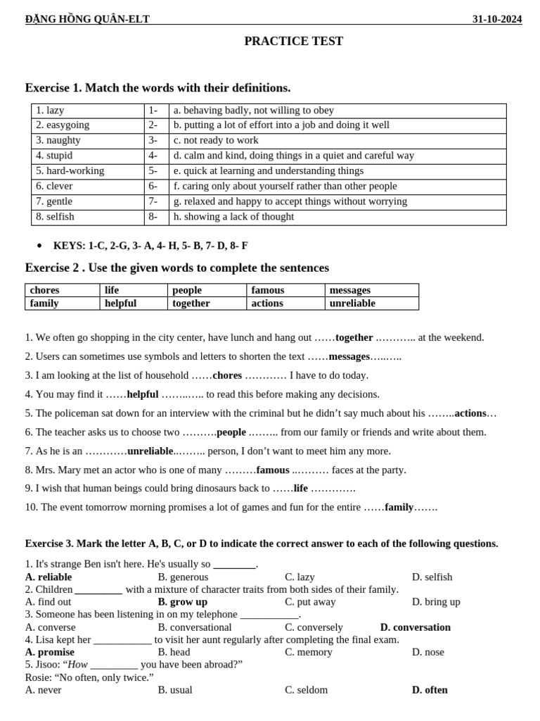 Vocabulary and Grammar Practice Test | PDF | Vietnamese Language