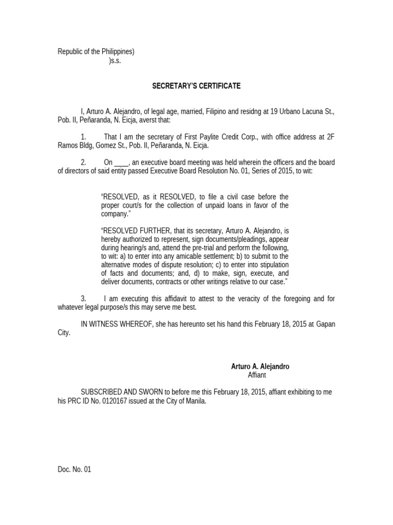 secretary certificate | PDF