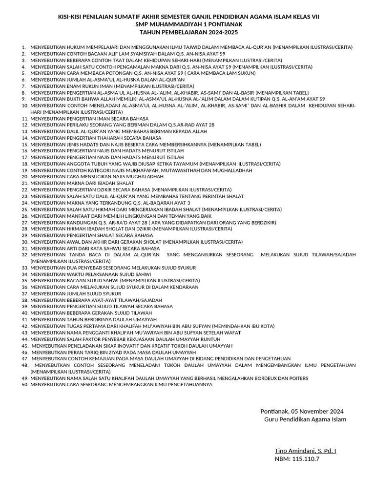 1.2. Kisi-Kisi Psas Manual Pai Semester Ganjil 2024-2025 Kelas 7 (KM) | PDF