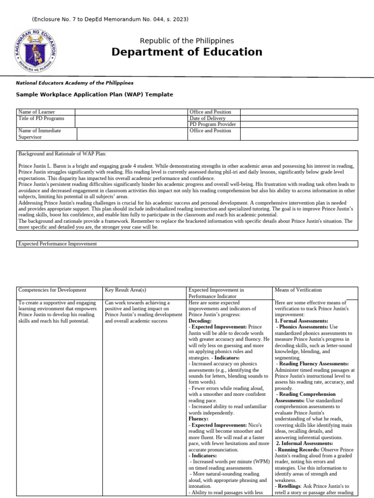 Sample Workplace Application Plan for WAP | PDF | Reading Comprehension ...