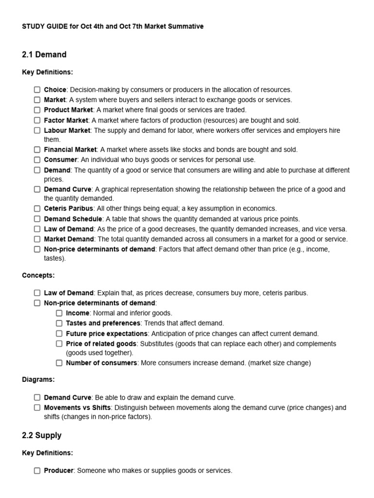 Market Summative Study Guide | PDF | Supply And Demand | Supply (Economics)
