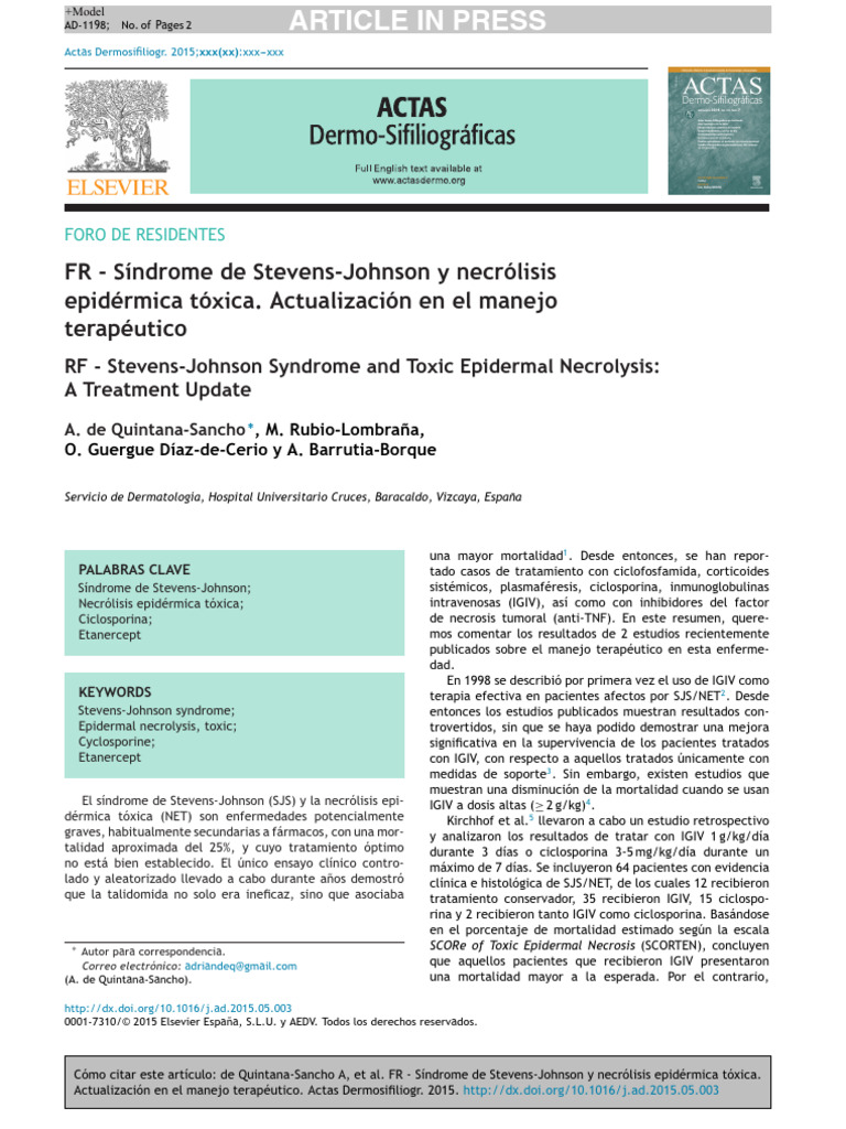Síndrome de Stevens-Johnson y Necrólisis | PDF | Tratamientos médicos ...