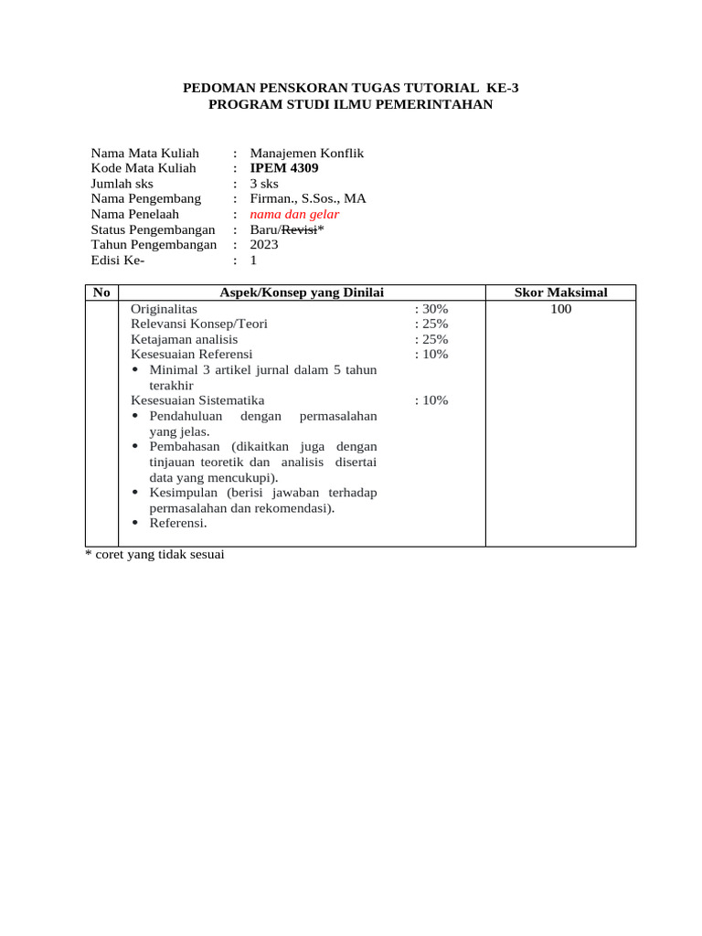 Pedoman Penskoran Tugas Tutorial Ke 3 | PDF