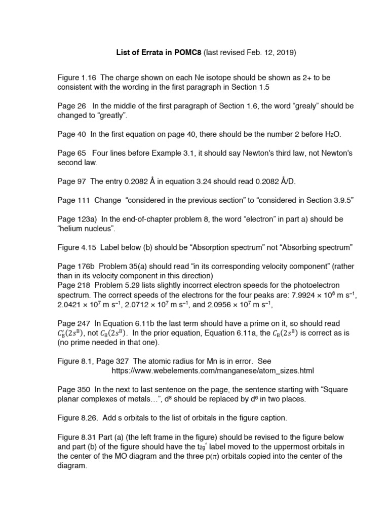 List of Errata in POMC8 | PDF | Coordination Complex | Chemistry