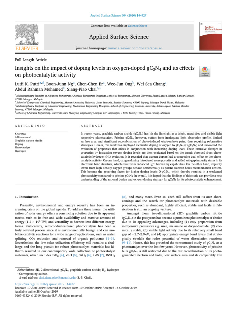 Insights On The Impact of Doping Levels in Oxygen-Doped gC3N4 and Its ...