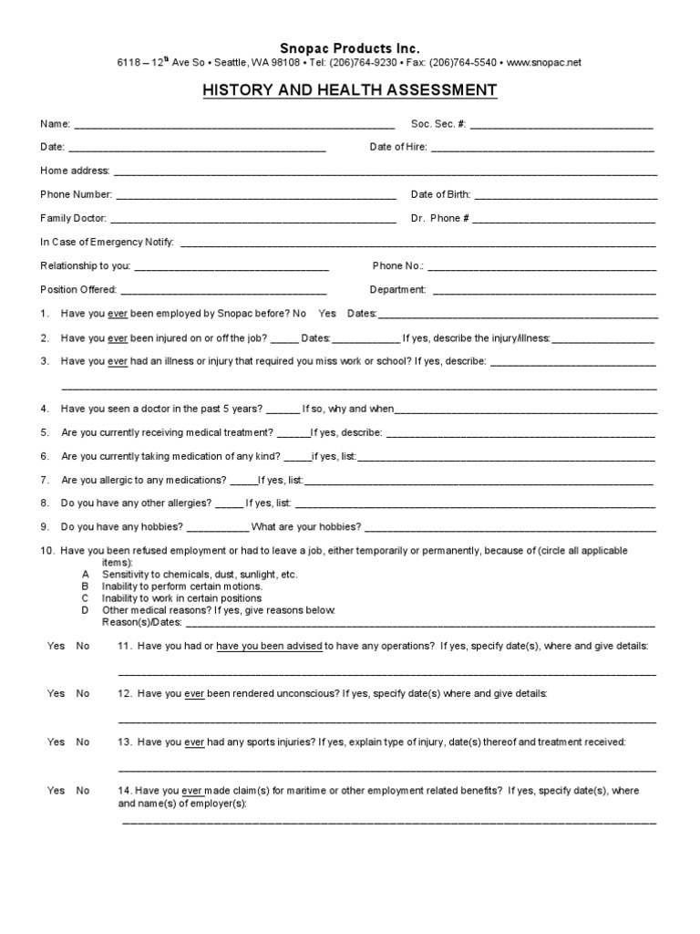 Health Questionnaire Snopac | PDF | Paresthesia | Thorax