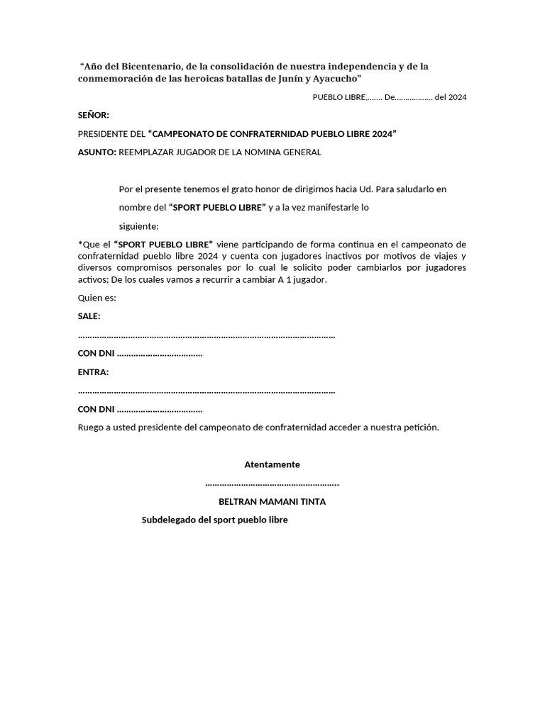 Solicitud de Cambio de Jugador | PDF