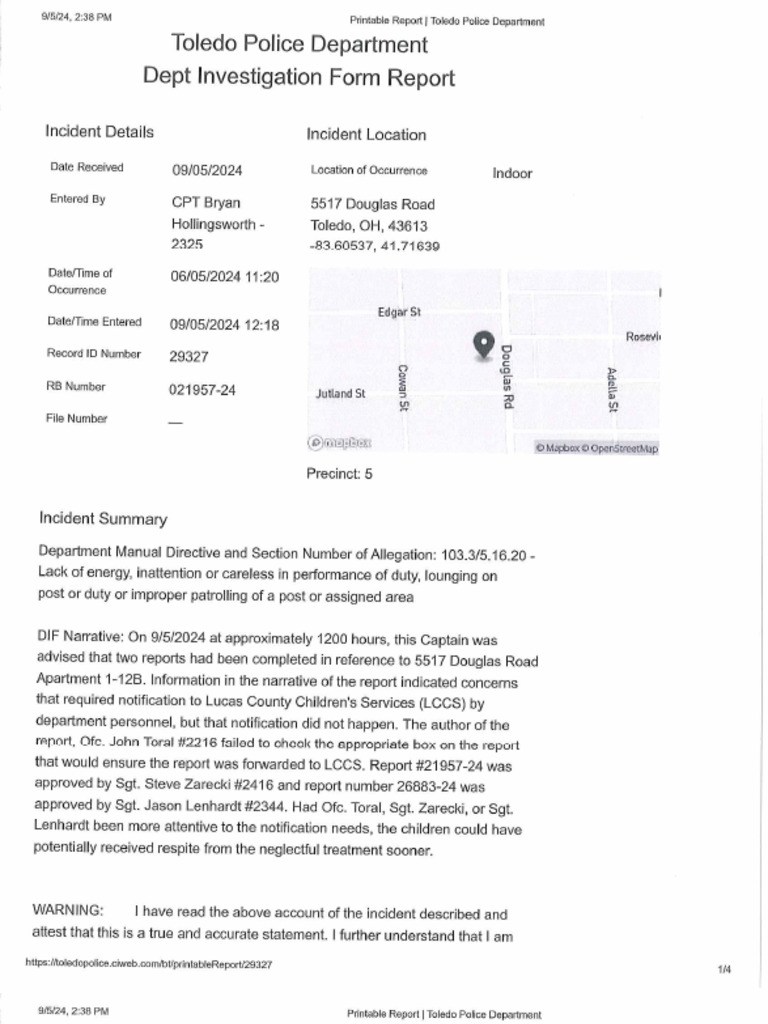 Toledo Police Department Investigation Form Report | PDF