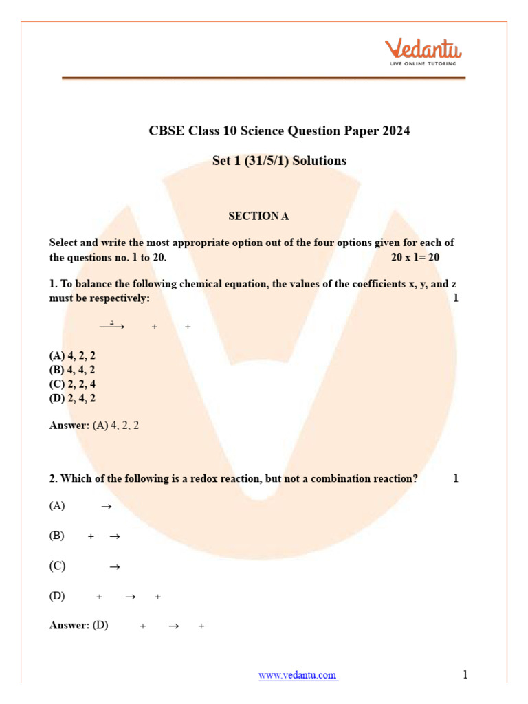 Class 10 Science Set 1 (31!5!1) 2024 Question Paper With Solutions ...