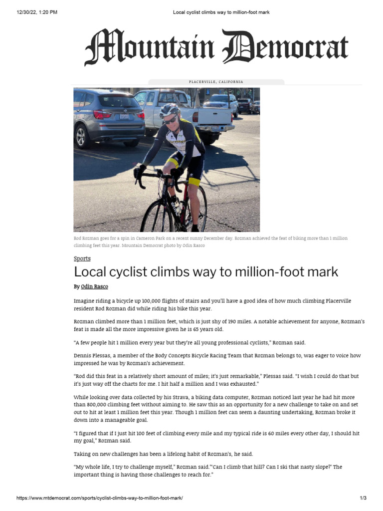 Local cyclist climbs way to million-foot mark-Rod Rozman 12302022[5727 ...