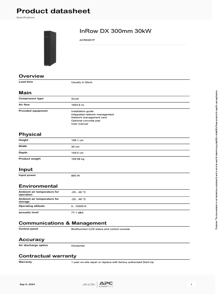 APC - Uniflair Direct Expansion InRow Cooling - ACRD301P | PDF