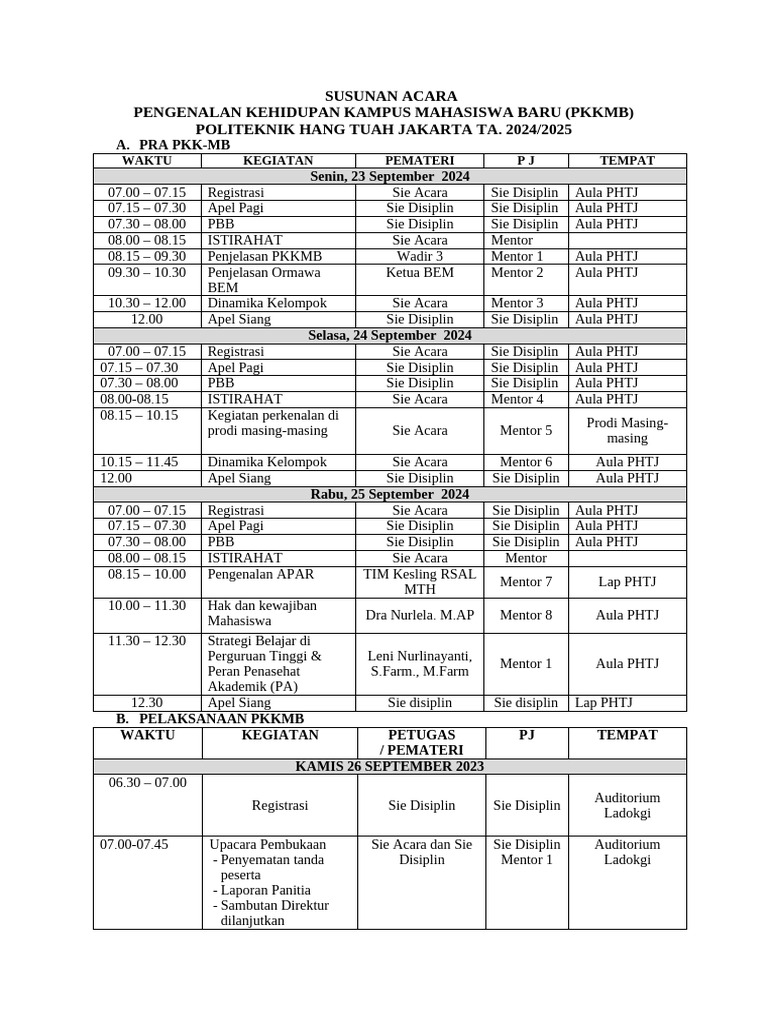Susunan Acara PKKMB 24 Acc Bu Dwi | PDF