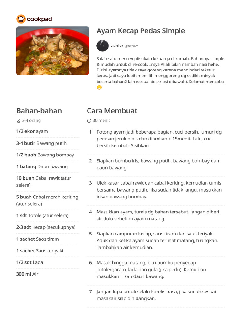 Resep Ayam Kecap Pedas Simple Oleh Aznlvr - Cookpad | PDF