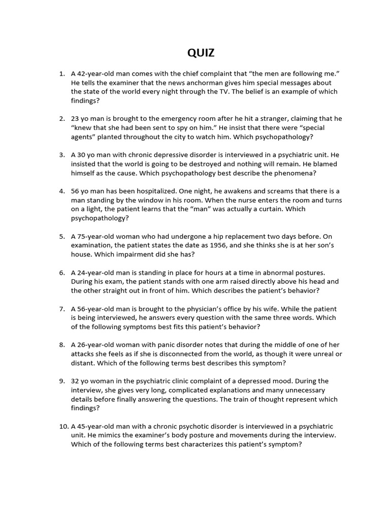 QUIZ | PDF | Mental Disorder | Psychopathology