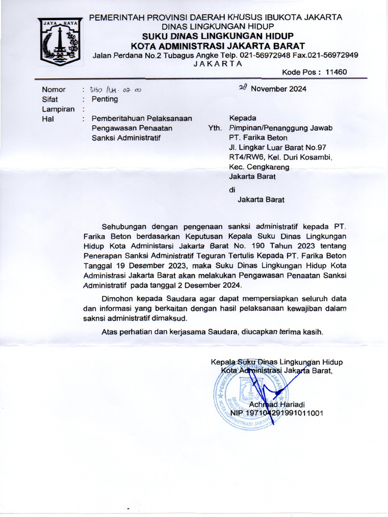 surat pemberitahuan pelaksanaan pengawan penataan sanksi dari dinas ...