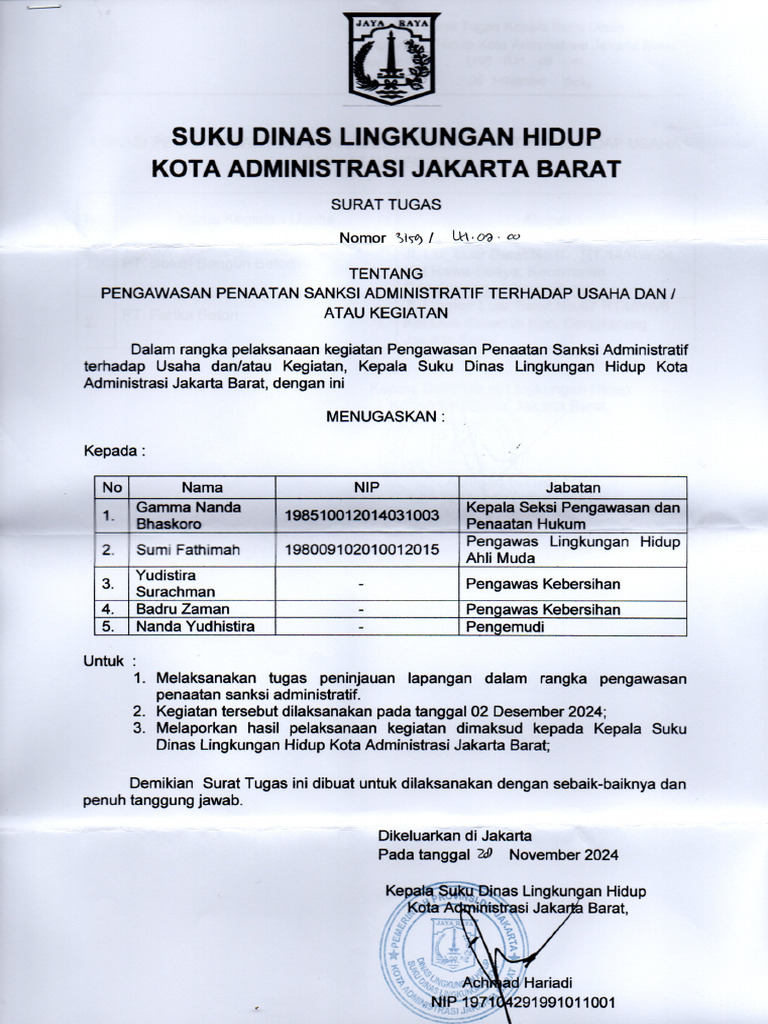 Surat Pengawasan Penataan Sanksi Dari Dinas Lingkungan Hidup Nov 24 | PDF