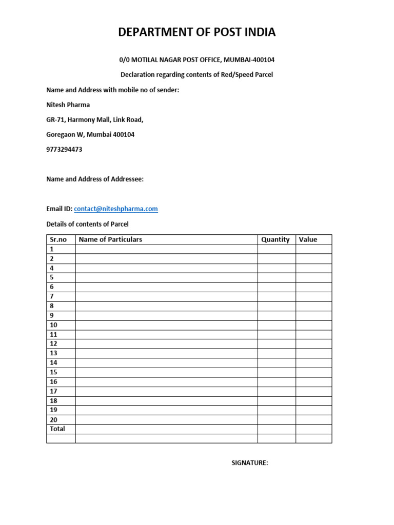 Declaration Form for Parcel Contents | PDF