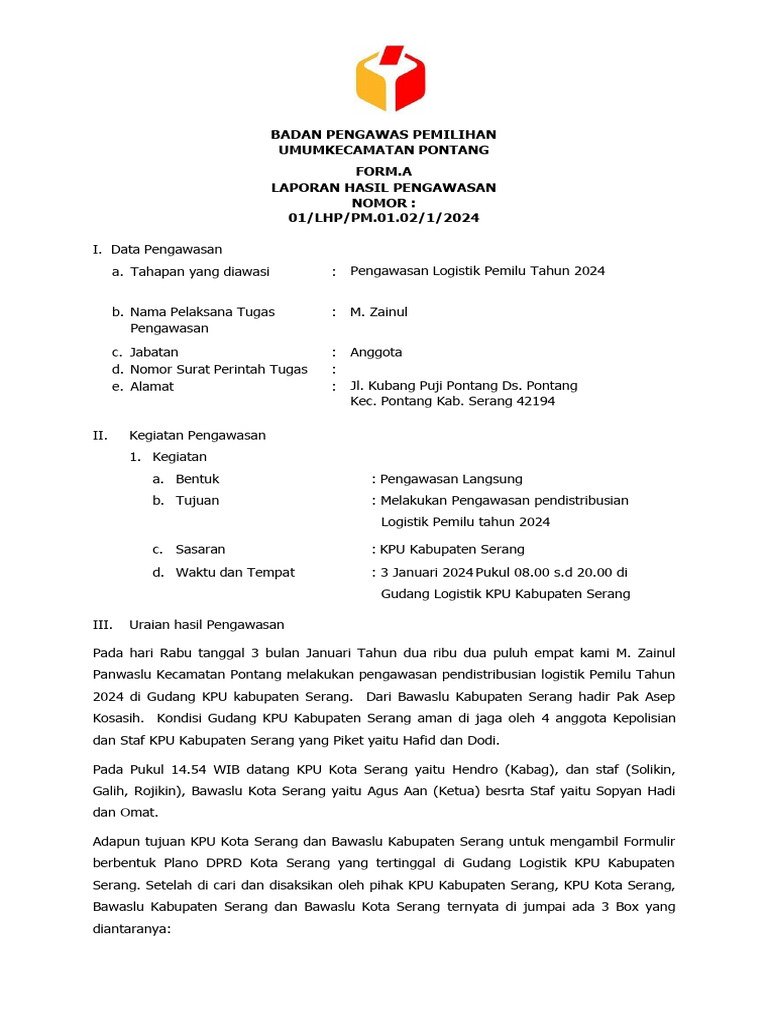 Form A Penngawasan Logistik Gudang Kpu | PDF