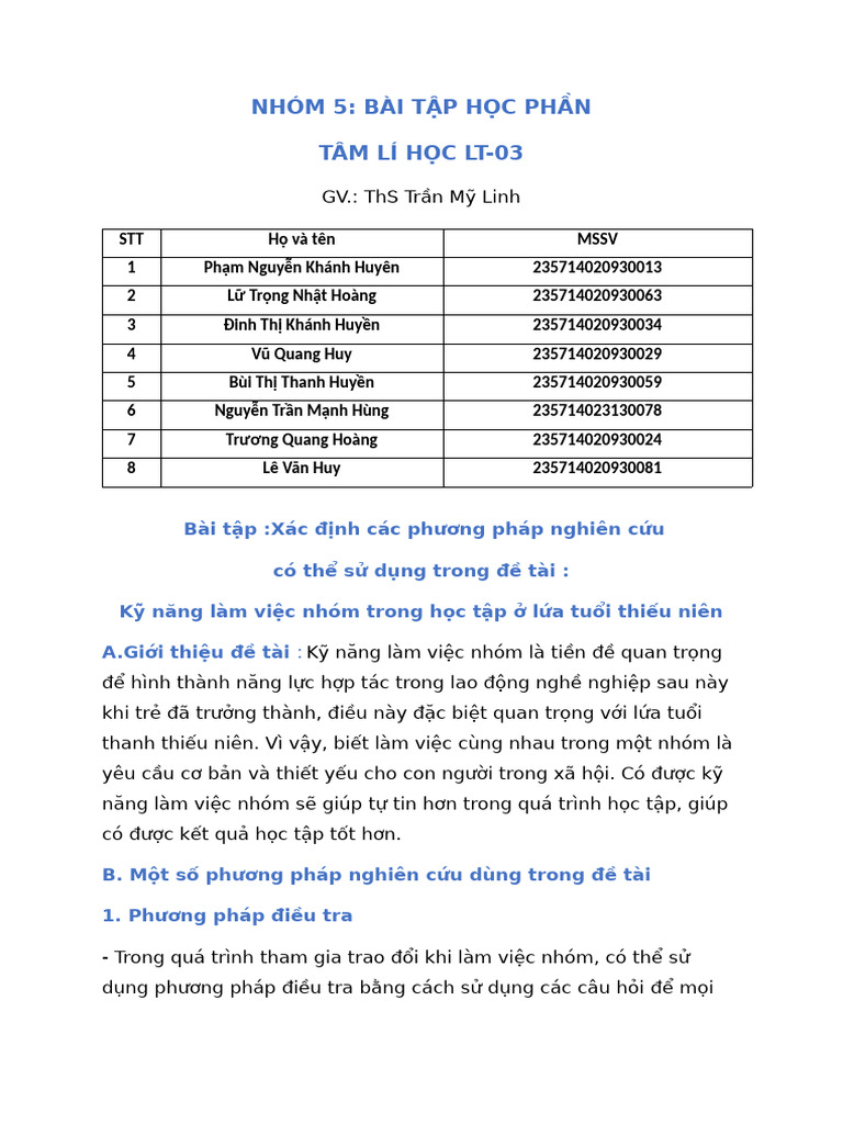 BÀI TẬP CỦNG CỐ NHÓM 5 - TLH LT-03 | PDF