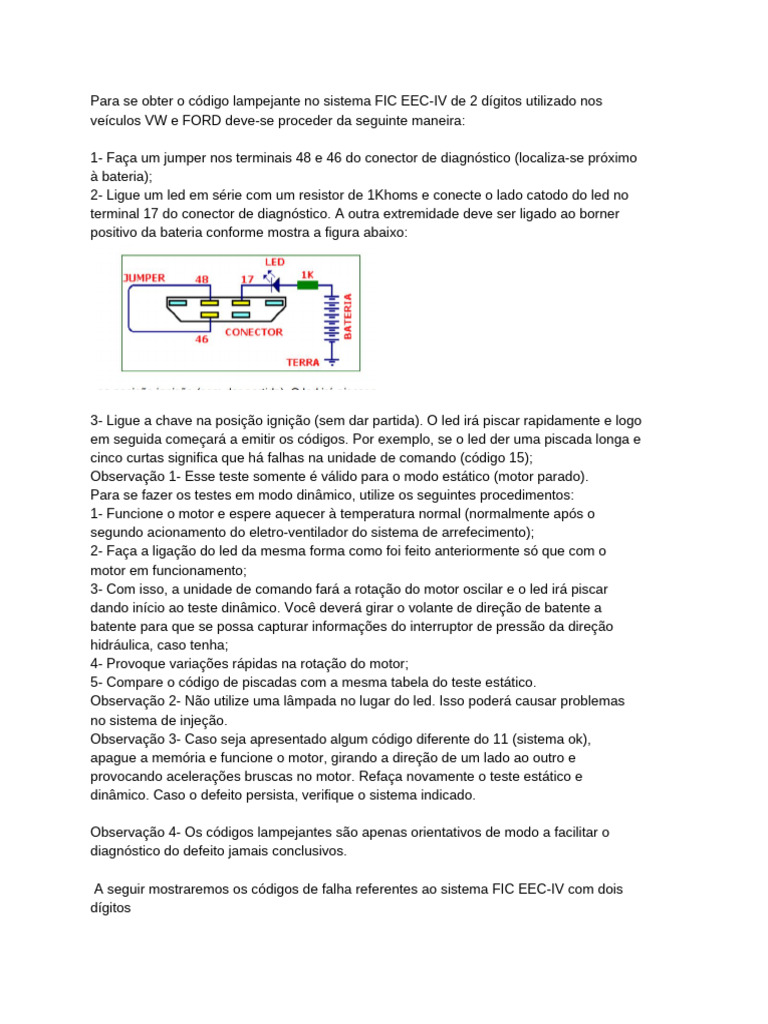 Diagnóstico FIC EEC-IV: Códigos e Testes | PDF | Motores | Diodo ...