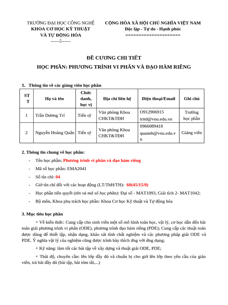 EMA2041DeCuongChiTiet ODE PDE | PDF