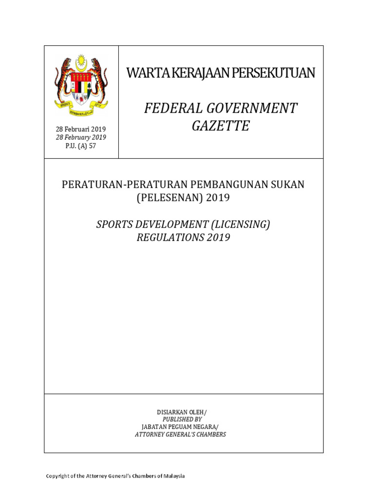 Peraturan-Peraturan Pembangunan Sukan (Pelesenan) 2019 | PDF