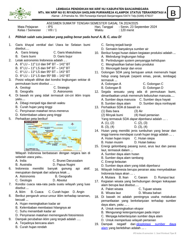 Soal Print Out ASTS IPS 8 SEM 1 Tipe B | PDF