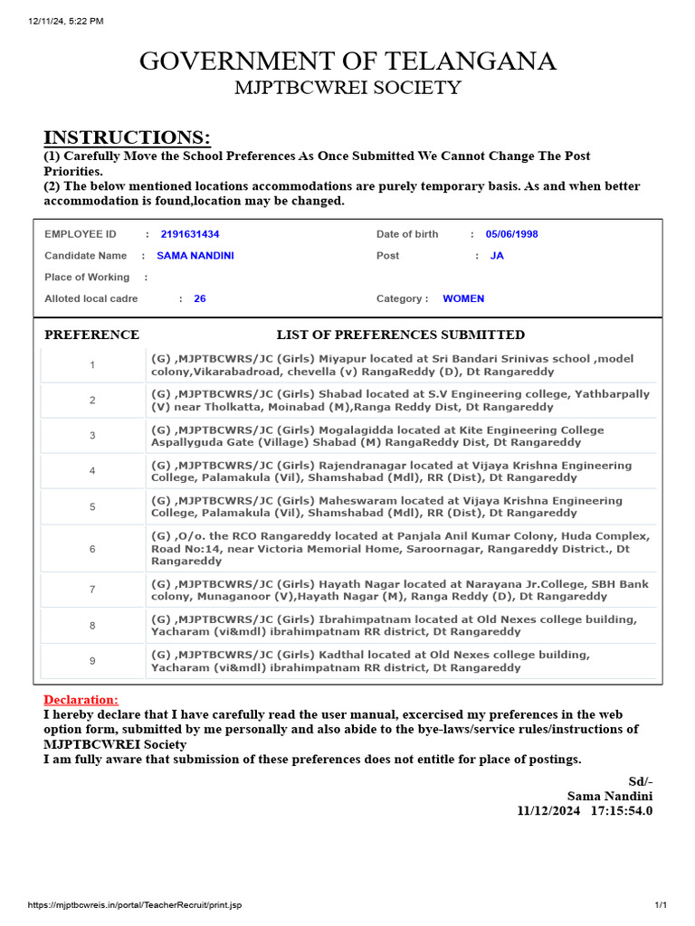 Sama Nandini, Ranga Reddy - MJP Web Options | PDF