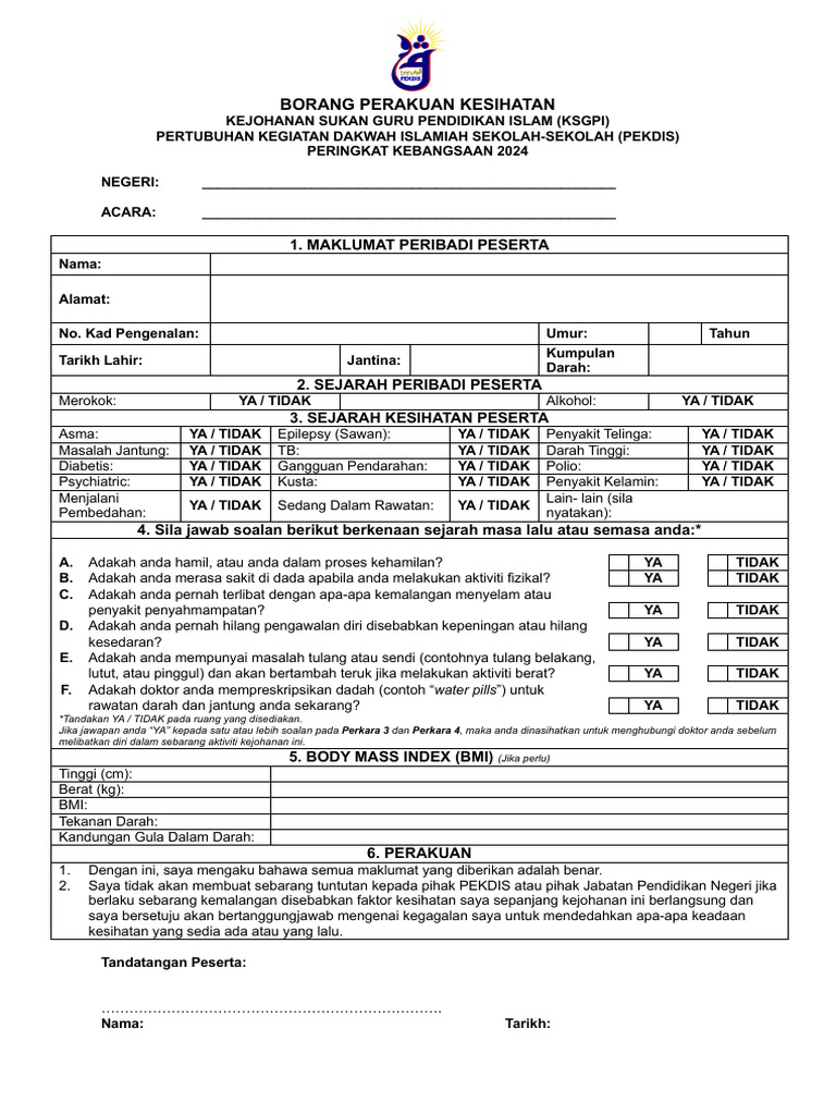 Borang Perakuan Kesihatan Ksgpi Pekdis 2024 | PDF