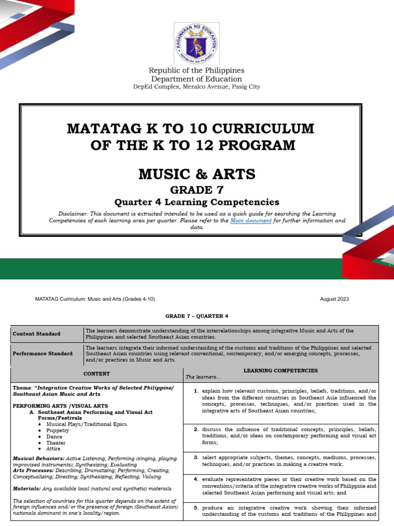 Music and Arts 7 Quarter 4 | PDF | Learning | Curriculum