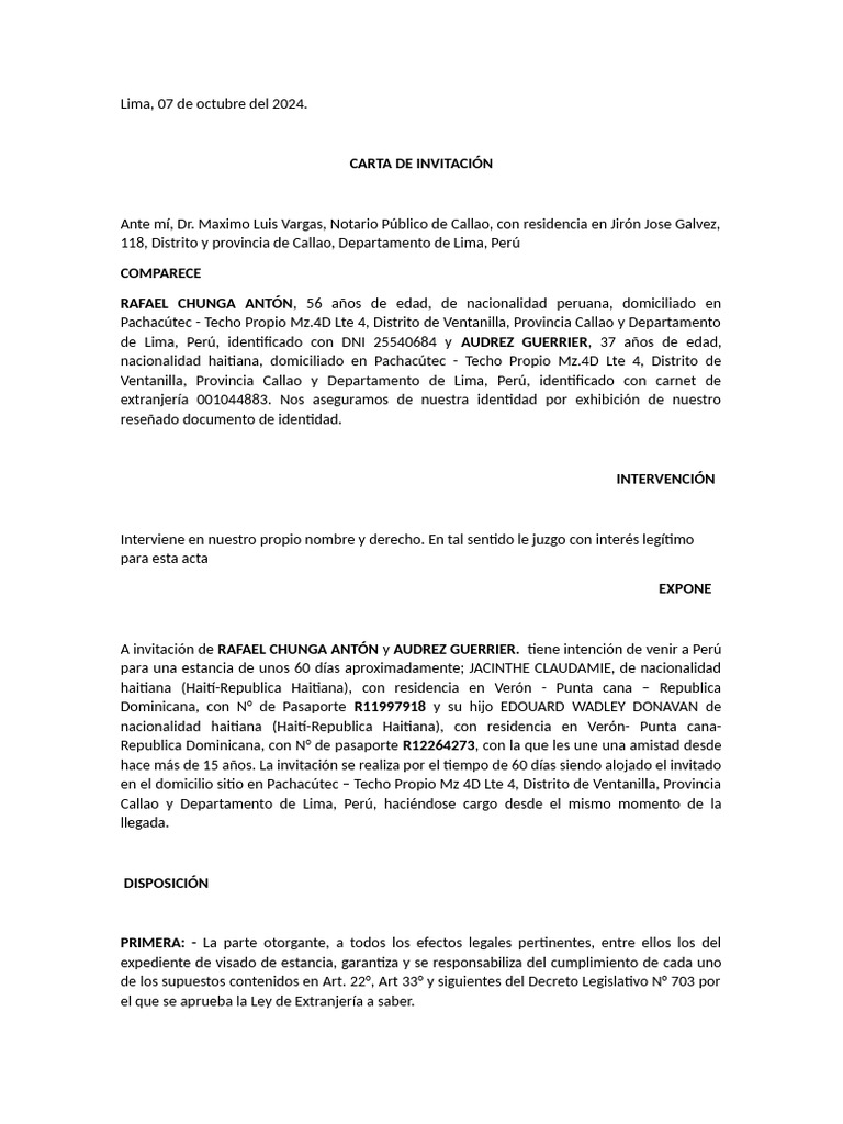 Carta de Invitacion - Peru | PDF | Documento de identidad