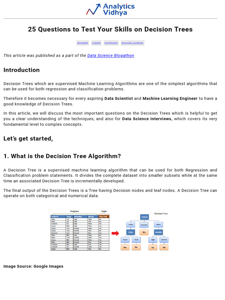 25 Questions To Test Your Skills On Decision Trees | PDF | Algorithms ...
