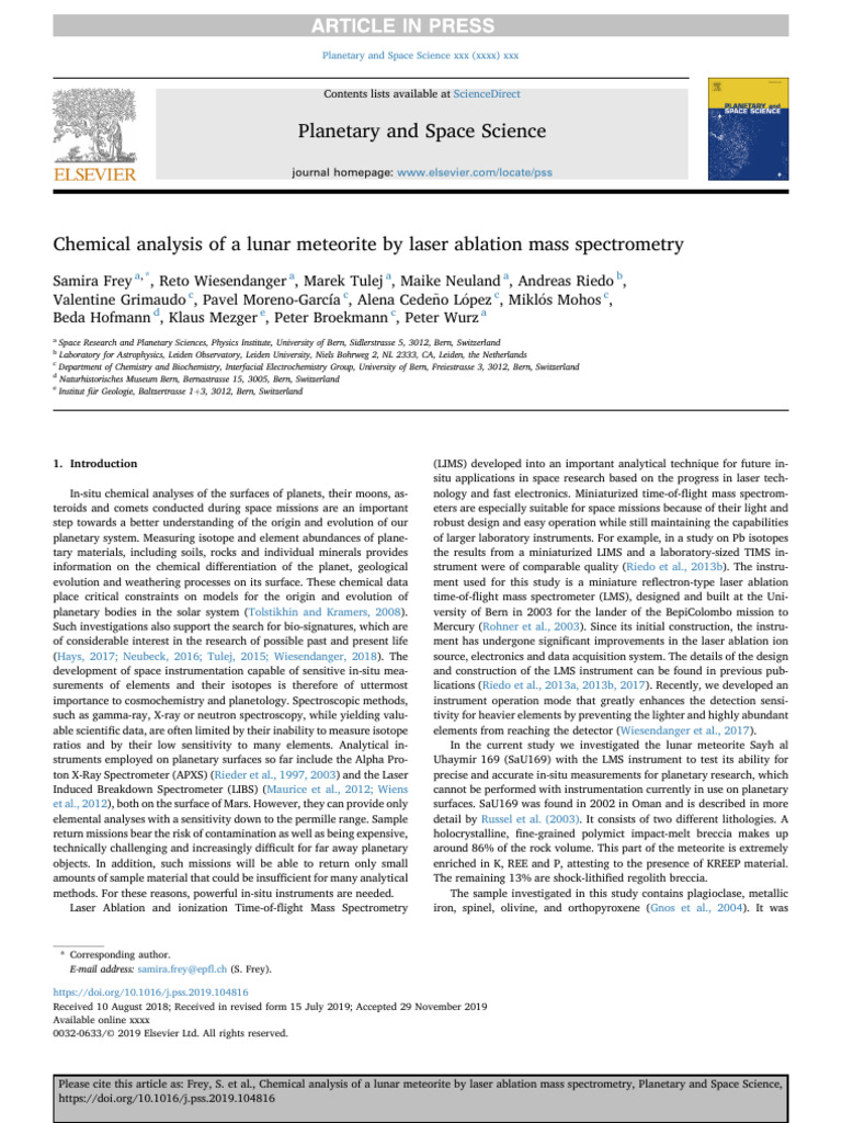 Chemical Analysis of A Lunar Meteorite by Laser Ablation Mass ...