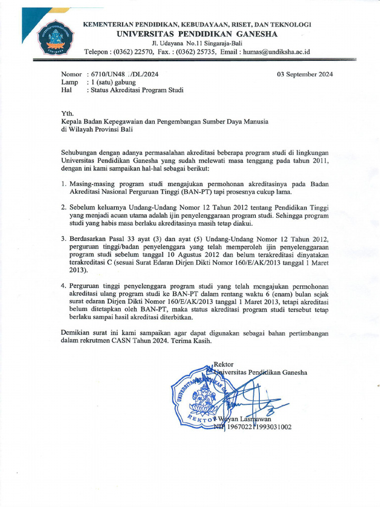 Surat Status Akreditasi Prodi 2024 - Asli Signed | PDF